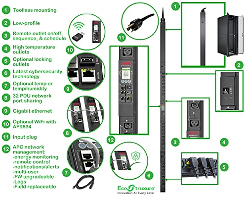 APC NetShelter Switched Rack PDU, 9000 Series, APDU9941, 0U Vertical, 200V-240V, 30A, NEMA L6-30P, 9.8' Cord, Black