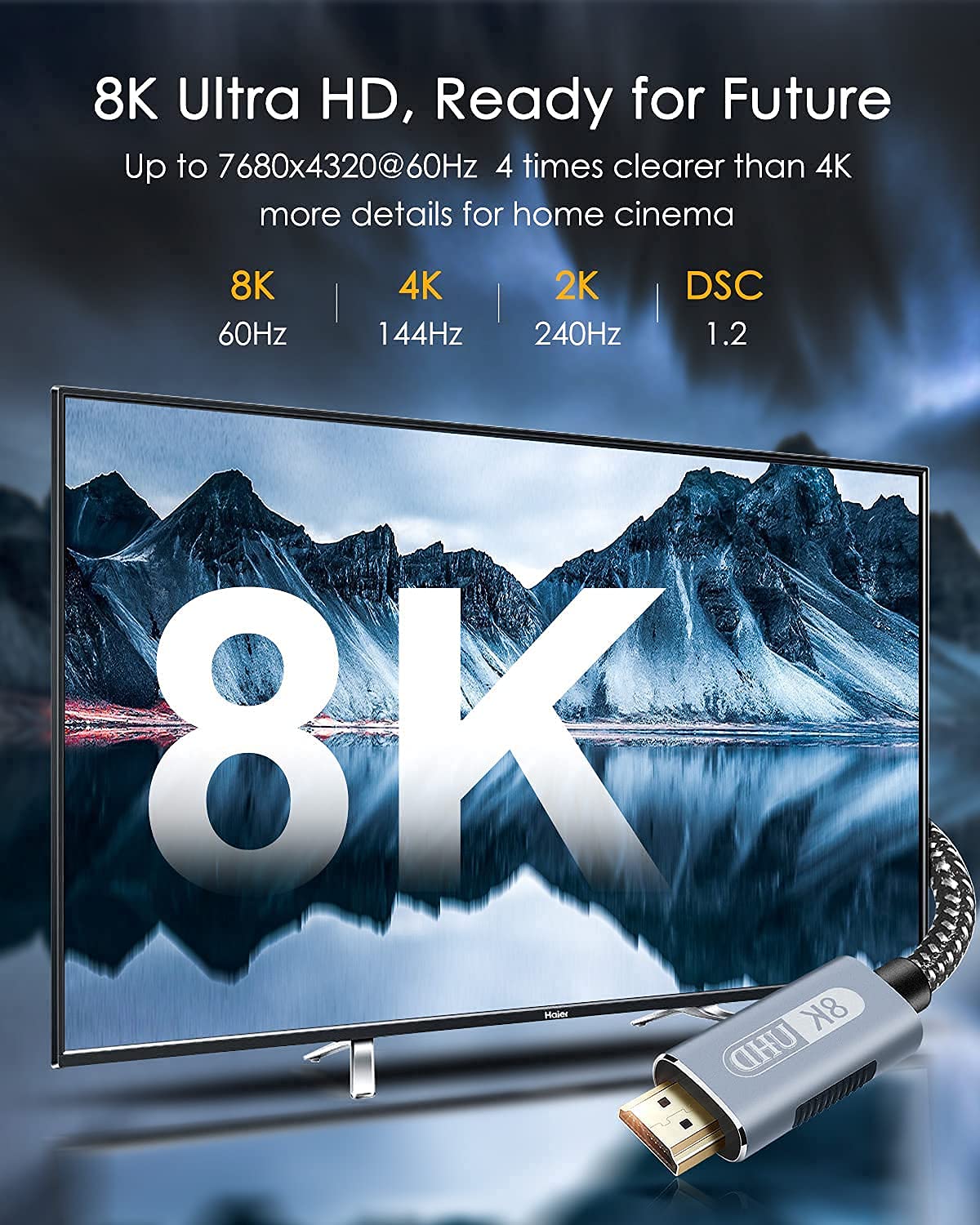 8K HDMI Cable 6 ft, HDMI 2.1 48Gbps High Speed Nylon Braided HDMI Cord with eARC HDR10 4:4:4 HDCP 2.2&2.3, 4K HDMI Cable Compatible with Dolby Atmos Apple Fire LG Samsung TV PS5 PS4 Switch Xbox Roku
