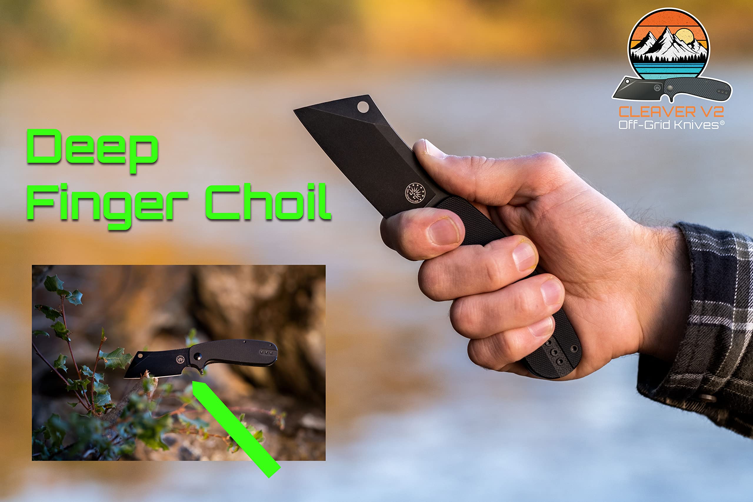 Off-Grid Knives - Cleaver V2 Folding Knife, D2 Tumbled Black Cleaver Blade, G10 Scales, Ceramic Ball Bearings, Left & Right Hand Carry