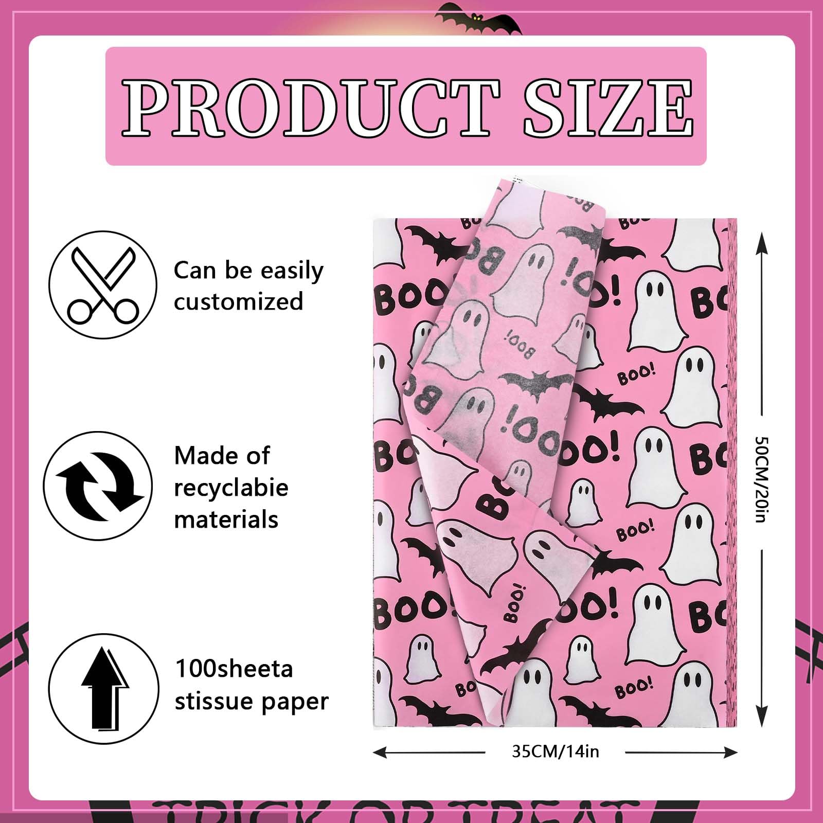 100 Sheets 20 * 14 Inches Pink Ghost and Boo Tissue Paper Halloween Bat Ghost Printed Tissue Paper for Birthday Party Baby Shower Halloween Party DIY Craft