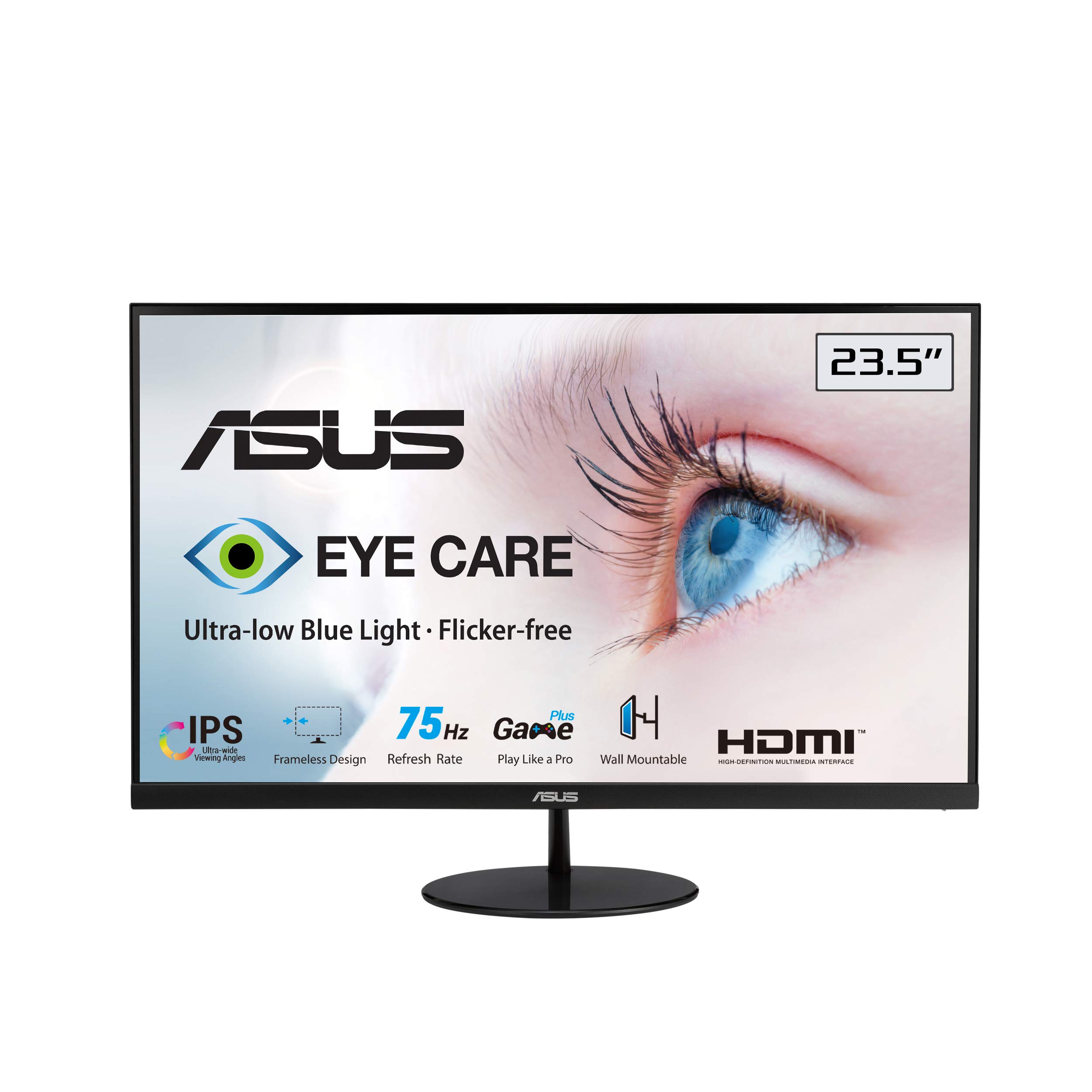 ASUS VL249HE 23.8” Eye Care Monitor, 1080P Full HD, 75Hz, IPS, Adaptive-Sync/FreeSync, Eye Care, HDMI VGA, Frameless Slim Design, VESA Wall Mountable (Renewed)