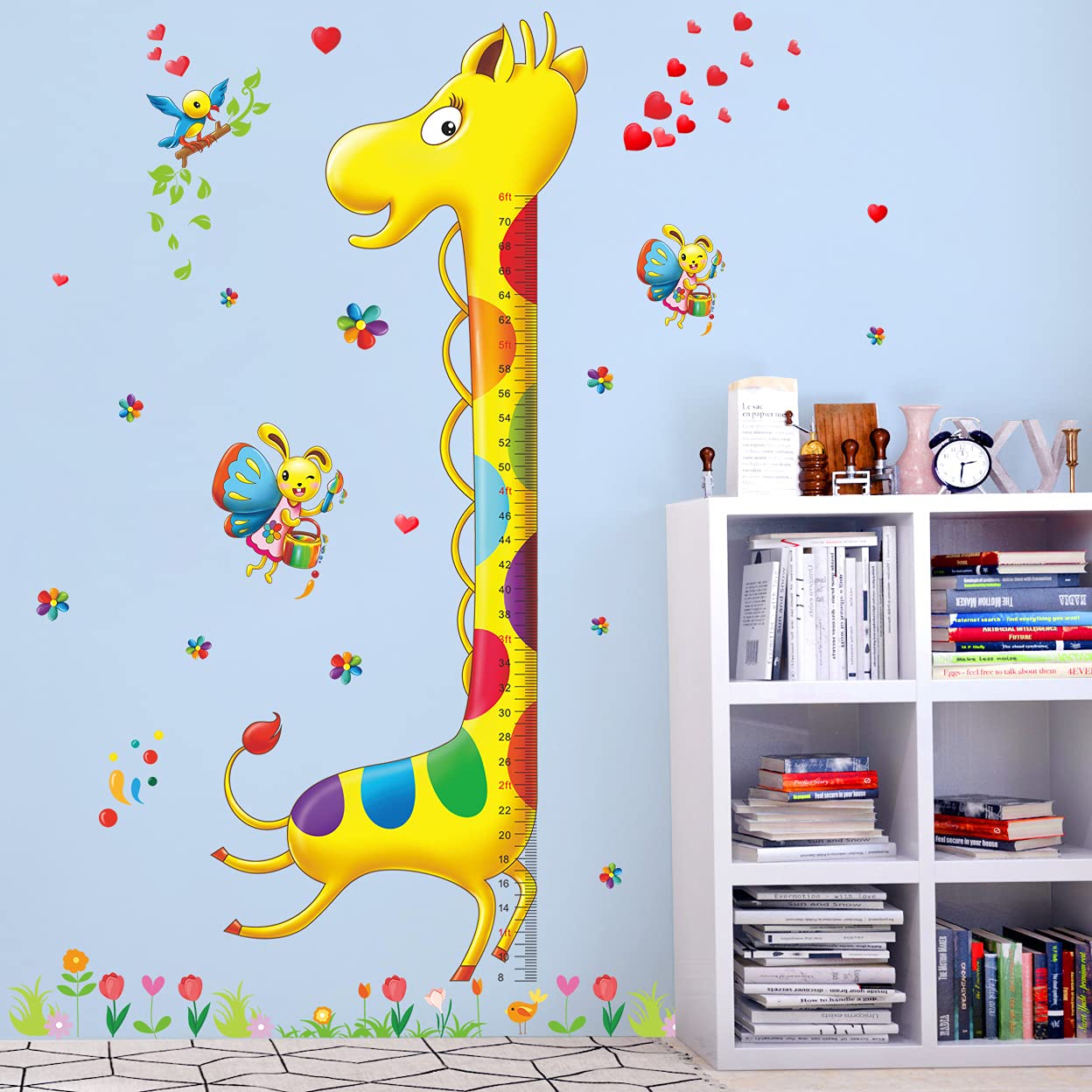Animals Rainbow Giraffe Height Chart Wall Stickers Inches Kids Measure Height Growth Wall Decals Removable for Nursery Playroom Girls Boys Children's Bedroom Decoration Ruler Measuring Range 8in-6ft