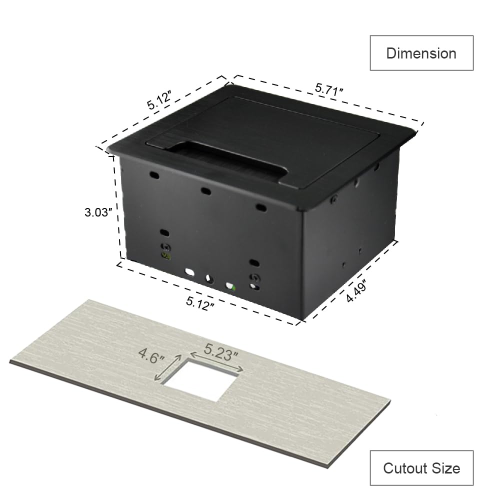 Tabletop Brush Flip Connectivity Box with 2 AC Power + 2 USB Charger + HDMI + 1 3.5mm Audio + USB-C Data + RJ45(cat6) for Conference Room (Black)