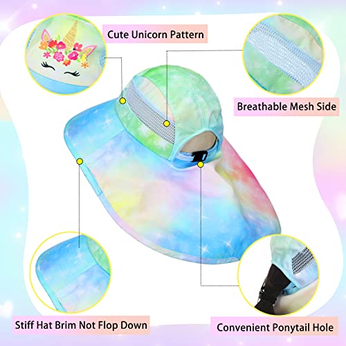 2 Pcs Sun Hat for Girls Unicorn Bucket Summer Hat Kids UV Protection Beach Hat Adjustable Strap Neck Flap Ponytail Cap for Kids 4β12 Years