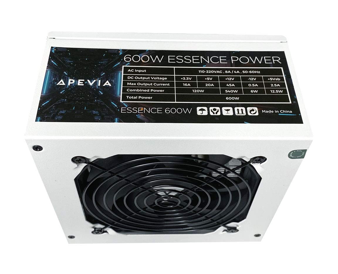 Apevia ATX-ES600-WH Essence 600W ATX Semi-Modular Gaming Power Supply with Auto-Thermally Controlled 120mm Black Fan, 115/230V Switch, All Protections, White Casing