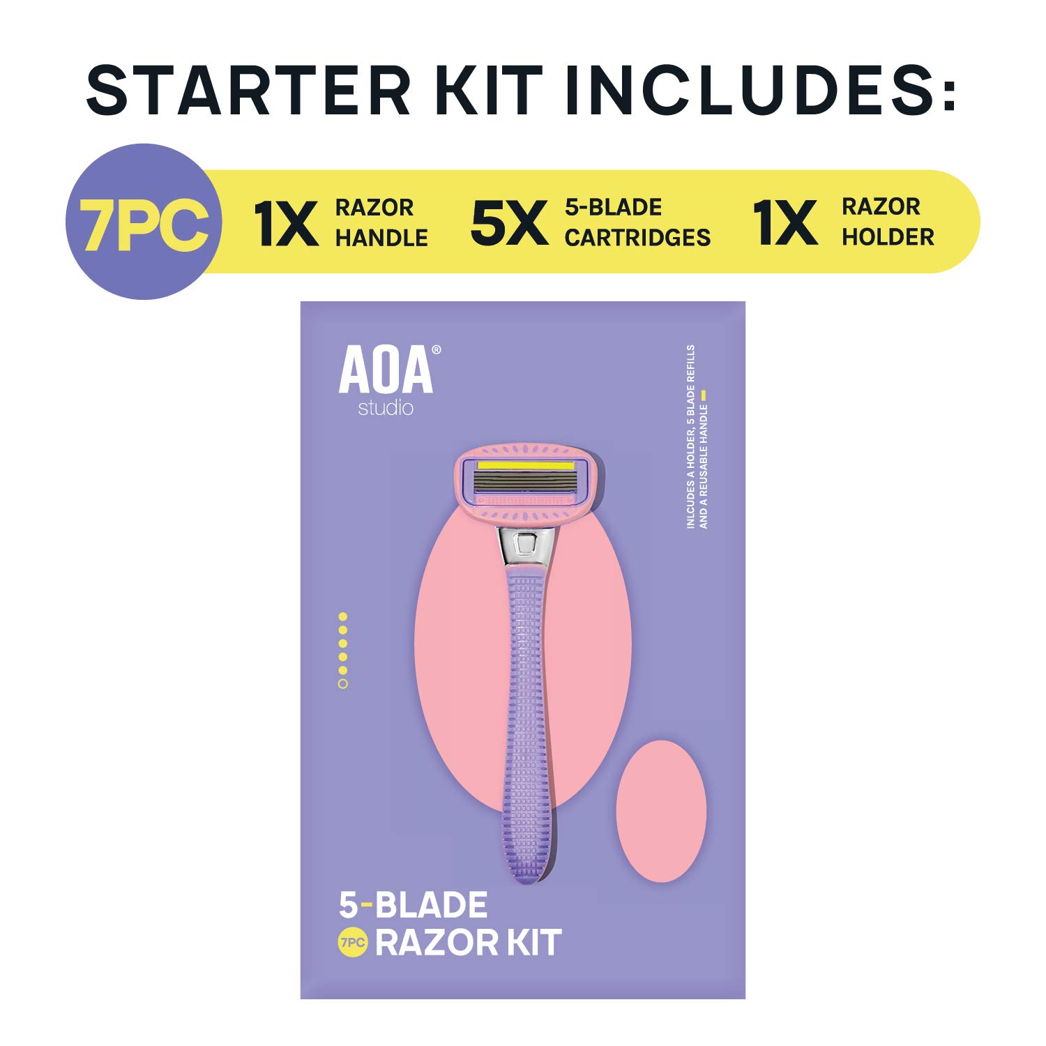 AOA Studio Women's 5-Blade 7pc Kit Including 1pc Handle 5pcs Five-Blade Heads from Swedish1pcs Stainless Steel Shower Hook Hydrating Aloe and Vitamin E Strip Cleanest, Closest, Comfortable Shave
