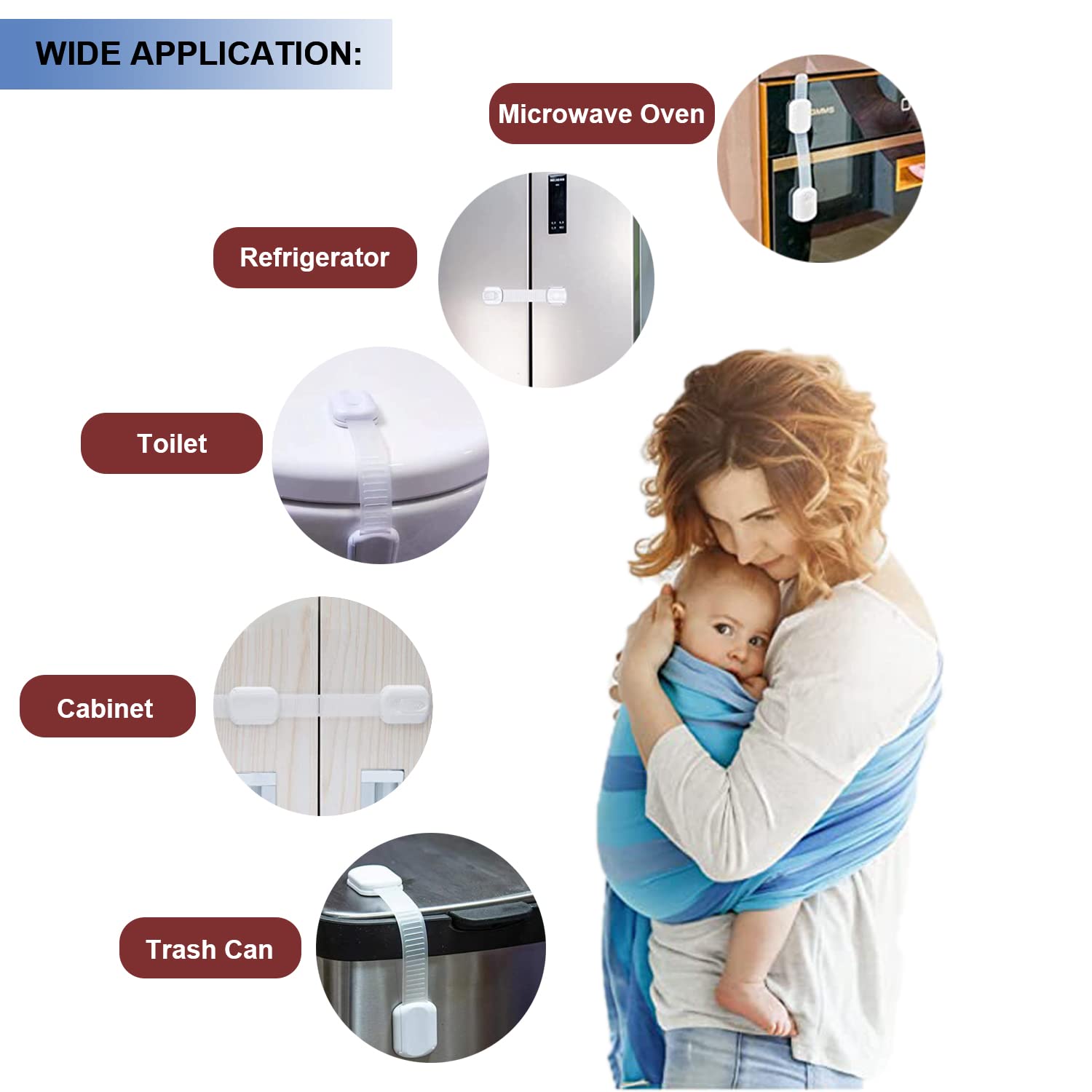 12 Pack Multi-Use Adhesive Straps Locks - Childproofing Baby Proofing Cabinet Latches for Drawers, Fridge, Dishwasher, Toilet Seat, Cupboard, Oven,Trash Can, No Drilling (White) (12)