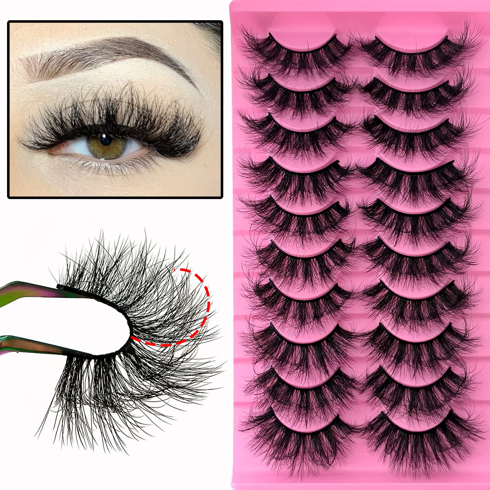10 Pairs Faux Mink Lashes Wispy False Eyelashes, Wispy Dramatic Lashes 20MM Long Lashes, Thick Volume Crossed Soft Curly Fake Lashes Lightweight Big Eye Lashes Pack(06)