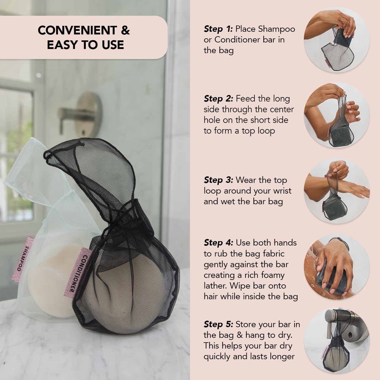 Kitsch Bar Soap Saver Bag – Recycled Mesh Beauty Bar Pouch for Body Wash, Conditioner & Shampoo Bars, Holder to Preserve Soap, Eco-Friendly, Patented Bag – Black