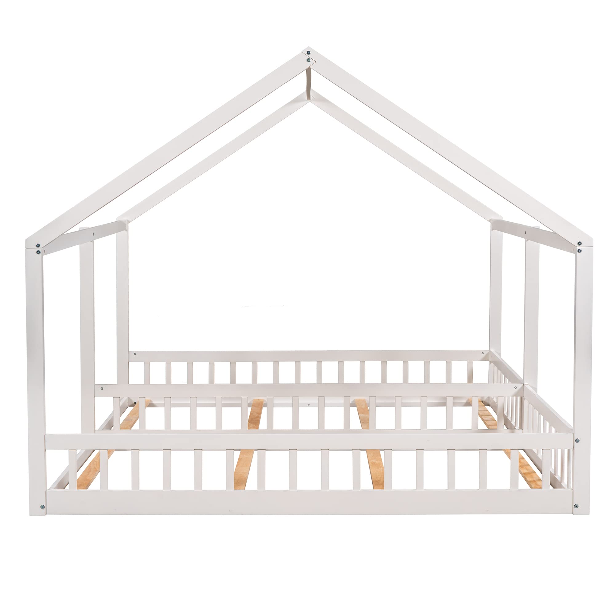 Twin House Bed for 2 Kids Wood Double Floor Beds Frame with Fence Railings Two Shared Beds for Boys Girls Teens, Twin Size, White