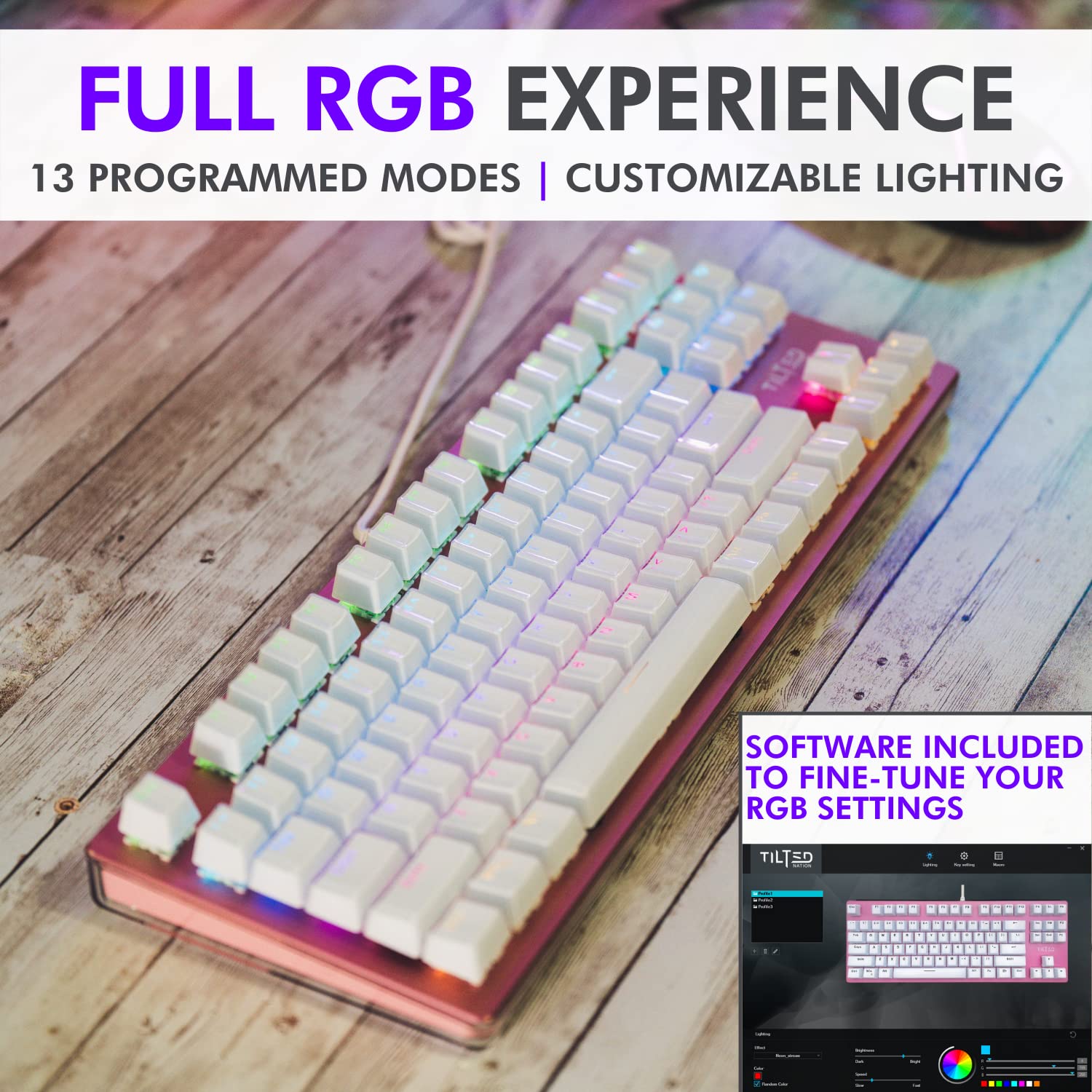 Tilted Nation Pink Mechanical Keyboard TKL - Acrylic Housing, Aluminum Plate, 87 Crystal Keys - USB Wired Tenkeyless Keyboard with Brown Switches (Outemu) - Work and Play - TKL Gaming Keyboard RGB