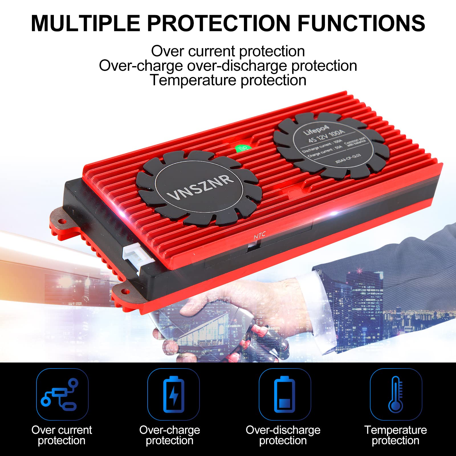 VNSZNR LiFePO4 BMS 4S 12V 100A Lithium Iron Phosphate Battery Management System PCB Protection Board with Balance Leads Wires for LiFePO4 3.2V Cells Battery Pack