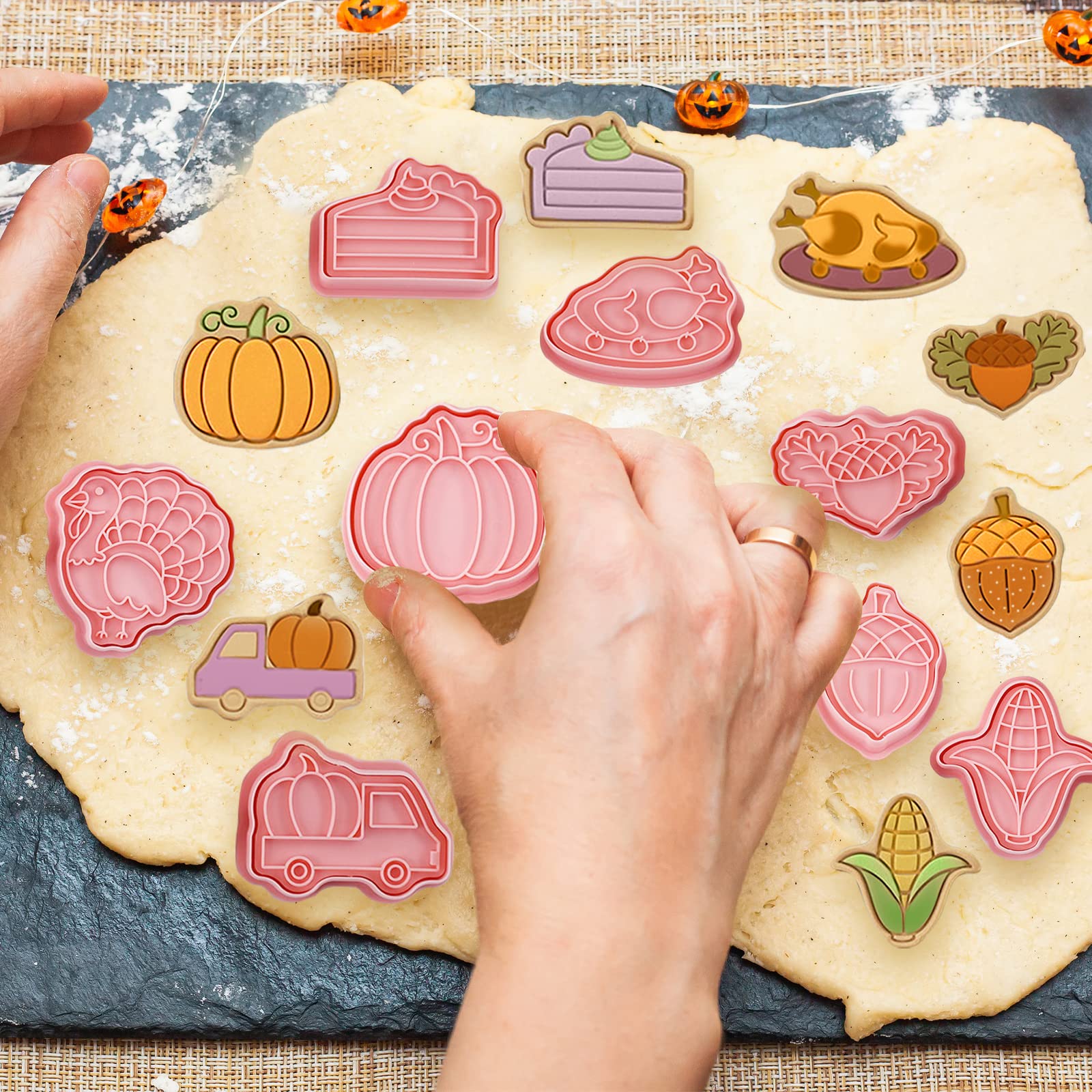 16 Pieces Fall Thanksgiving Cookie Cutters with Plunger Stamps Set Fall Biscuit Mold Maple Leaf Turkey Pumpkin 3D Cookie Stamper Plastic DIY Cookie Tools for Thanksgiving Day Baking Fondant Supplies