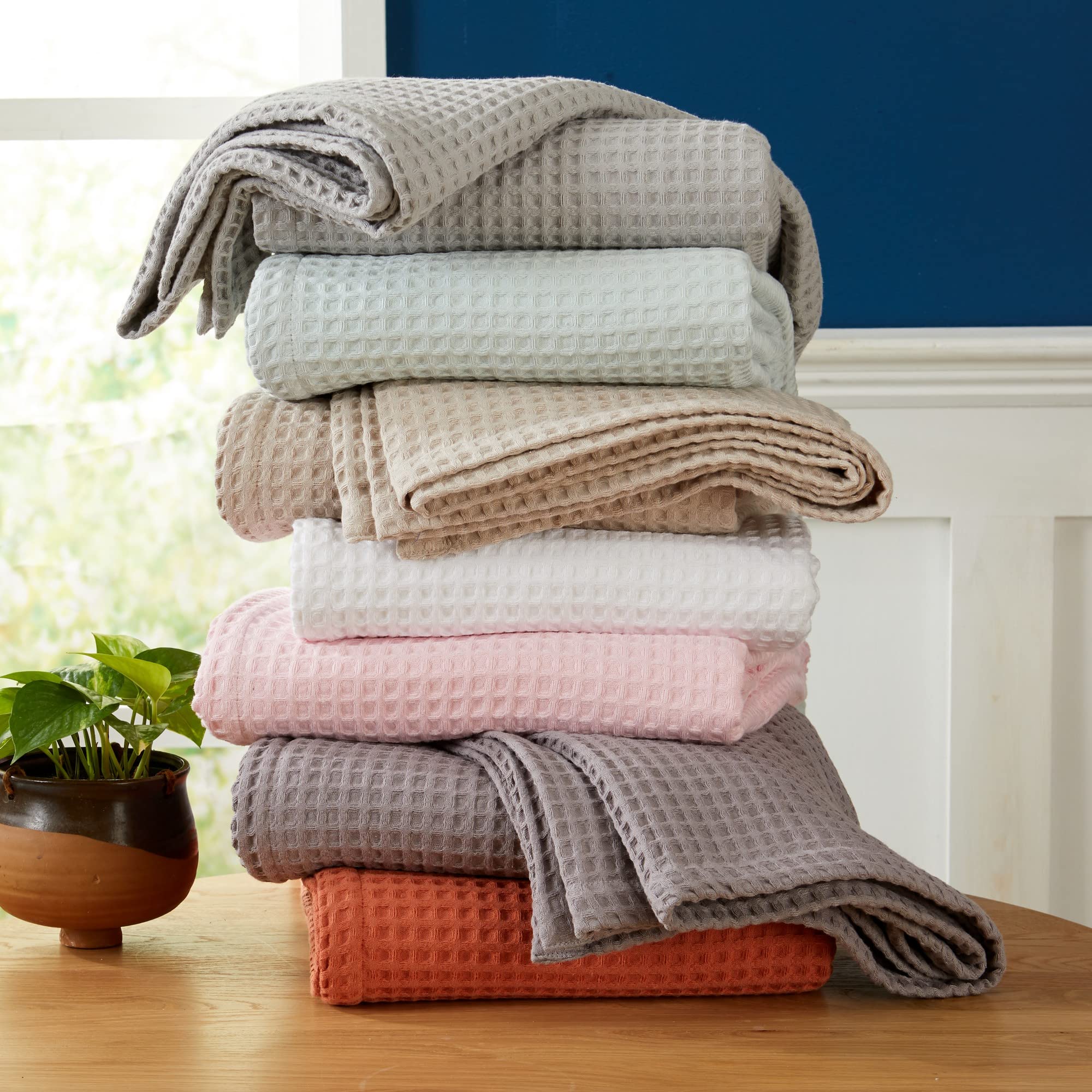 100% Cotton Waffle Weave Bed Blanket | Soft, Breathable, and Lightweight Blanket for All-Season | Perfect for Layering | Brielle Collection (King, Icy Blue)
