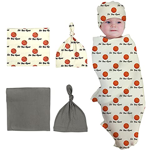 Sport Baby Swaddle Blanket - 2 Pack Swaddling Receiving Blanket with Headband - Baby Shower Newborn Gift (Basketball)