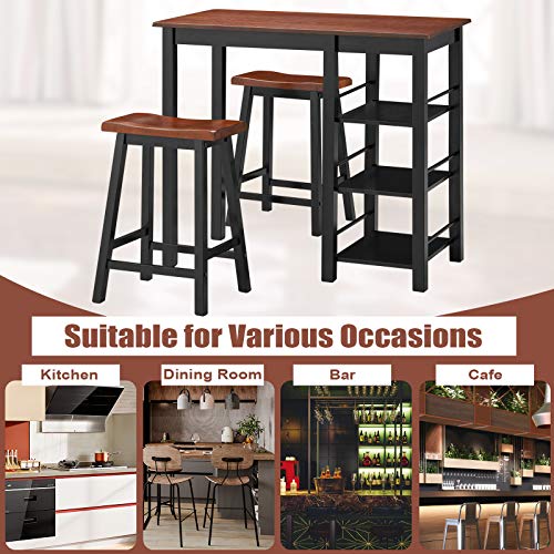 Giantex 3 Piece Dining Set, Entirely Wood Counter Height Table Set with 2 Chair and 3-Tier Storage Shelves, Small Kitchen Table Set with Rubber Wood Frame, Breakfast Table for Small Space, Apartment