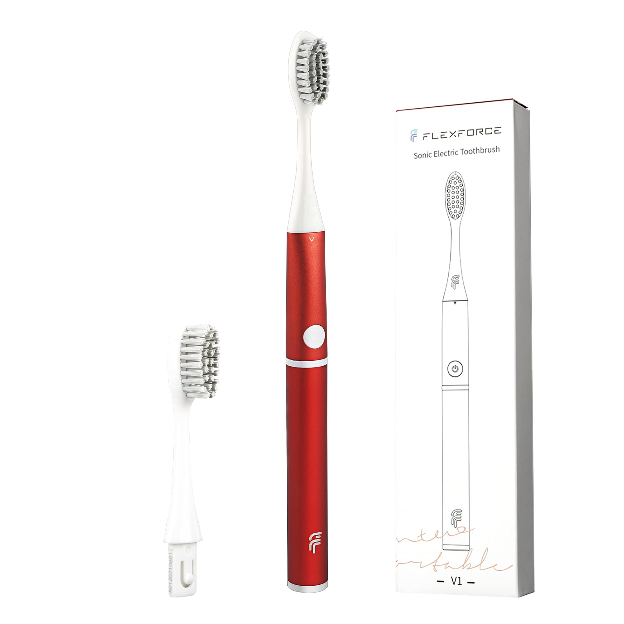 Flexforce AAA Battery Powered Sonic Toothbrush, 2 Replaceable Toothbrush Heads, Metal Aluminum Toothbrush Handle, for Kids and Adults, 2 Minute Timer, V1 Electric Toothbrush, Red