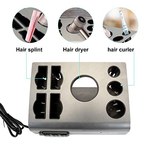 PENNYNANA Large 8-Hole Salon Desktop Hair Iron & Blow Dryer Holder,Hair Tool Organizer Barber Organizer w/ 3-Plug Outlet,Metallic…