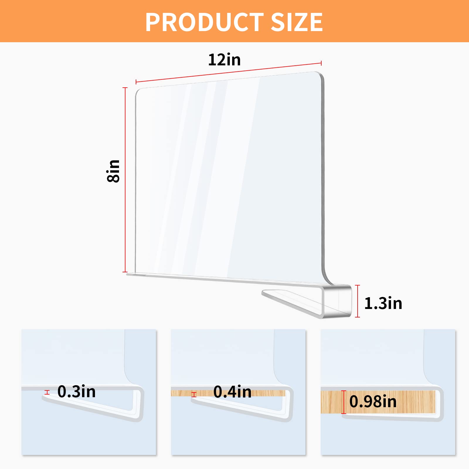 12 Pack Acrylic Shelf Dividers, Clear Shelf Divider for Closet Organization, Closet Shelf Separators for Clothes/Purses, Wood Shelves Organizers in Bedroom, Kitchen, Office, Cabinets, Bathroom Storage
