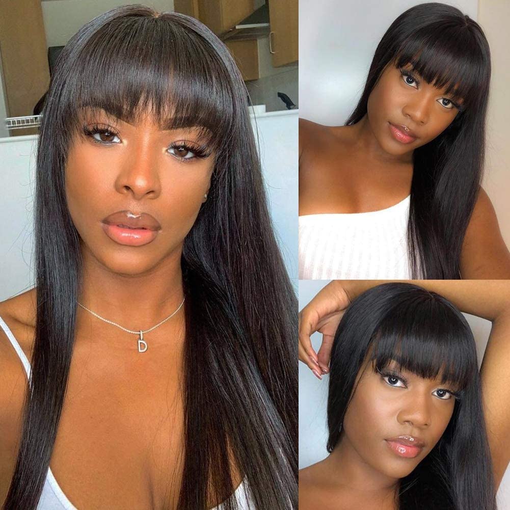 A ALIMICE Black Silky Straight Human Hair Wig with Bangs, 16 Inch, 150% Density, Glueless, 22.5 Inch Cap Size