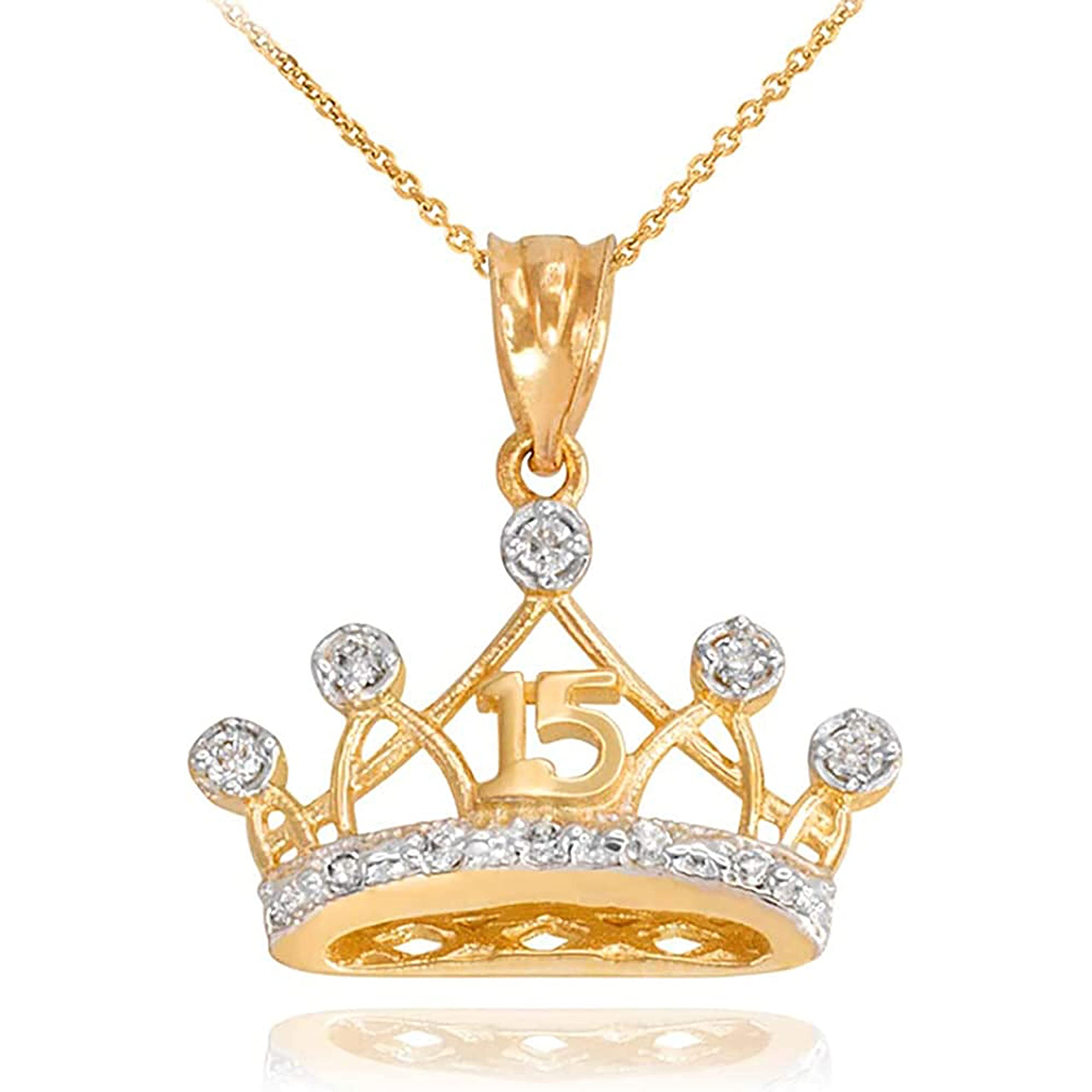 10K Yellow Gold White Cubic Zirconia 4/5" Sweet 15 Anos Quinceanera Crown Pendant Necklace - 16"