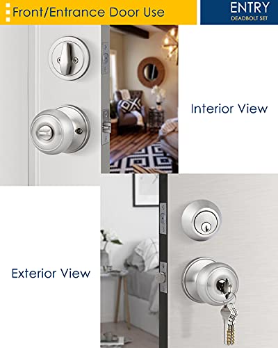 2 Pack Entry Door Knob and Single Cylinder Deadbolt Combo Pack in Satin Nickel, Keyed Alike Exterior Door Lock Set with Deadbolt, Door Knobs with Deadbolt for Entrance and Front Door