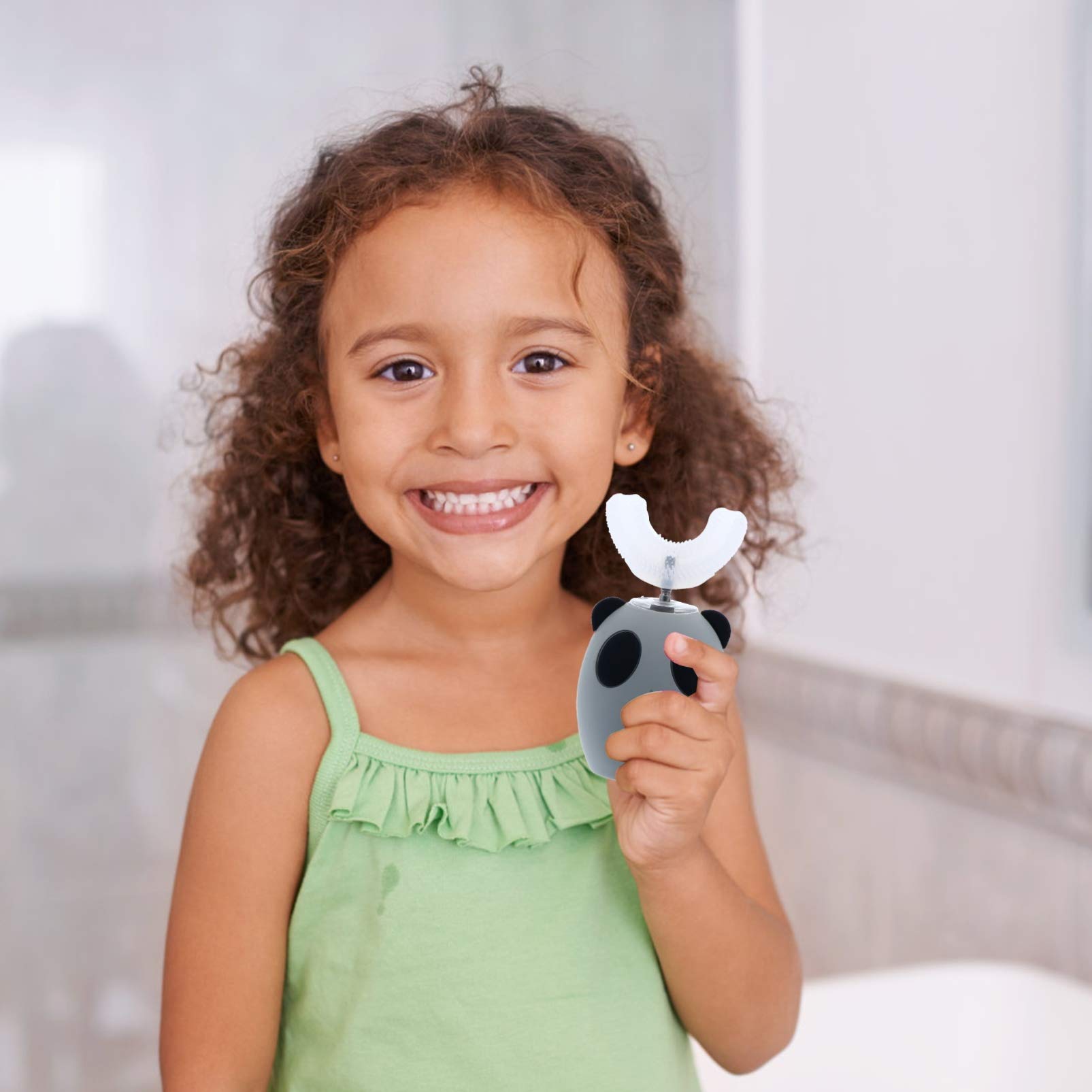 Healifty Kids Automatic Toothbrush Cartoon Panda Ergonomic U- Shaped Toothbrush (Age 7-15) Light Grey