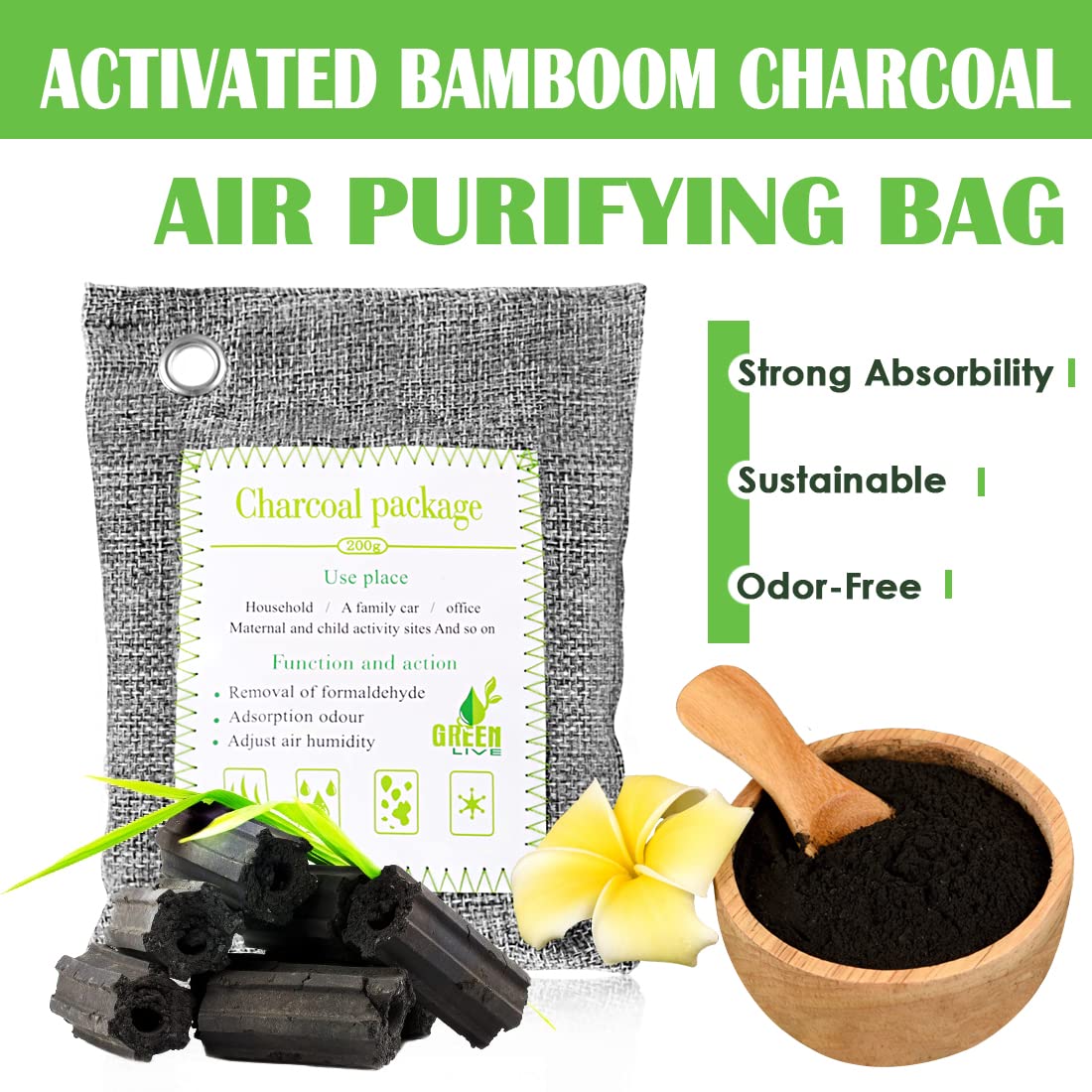 10PCS Bamboo Charcoal Air Purifying Bags with 5 Hanging Hooks