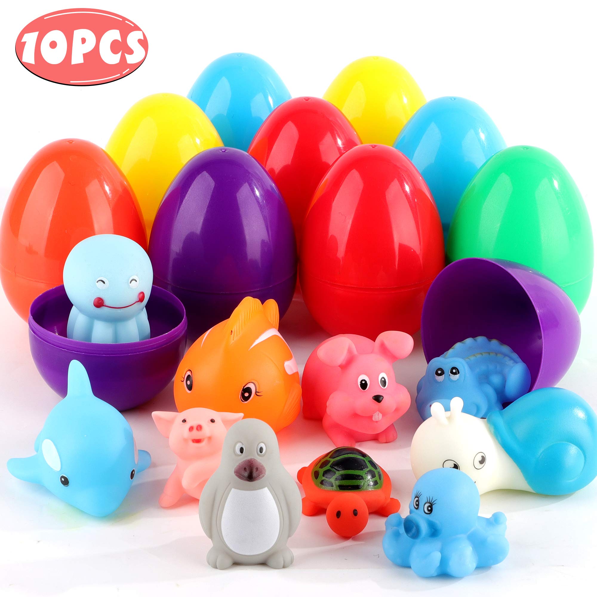 10 Packs Jumbo Size Easter Eggs (3.9'') with 10 Packs Assorted Animal Squirters for Kids Easter Egg Hunt Games, Bath Water Toys For Easter Basket Stuffers, Carnivals School Supplies and Gift Exchange