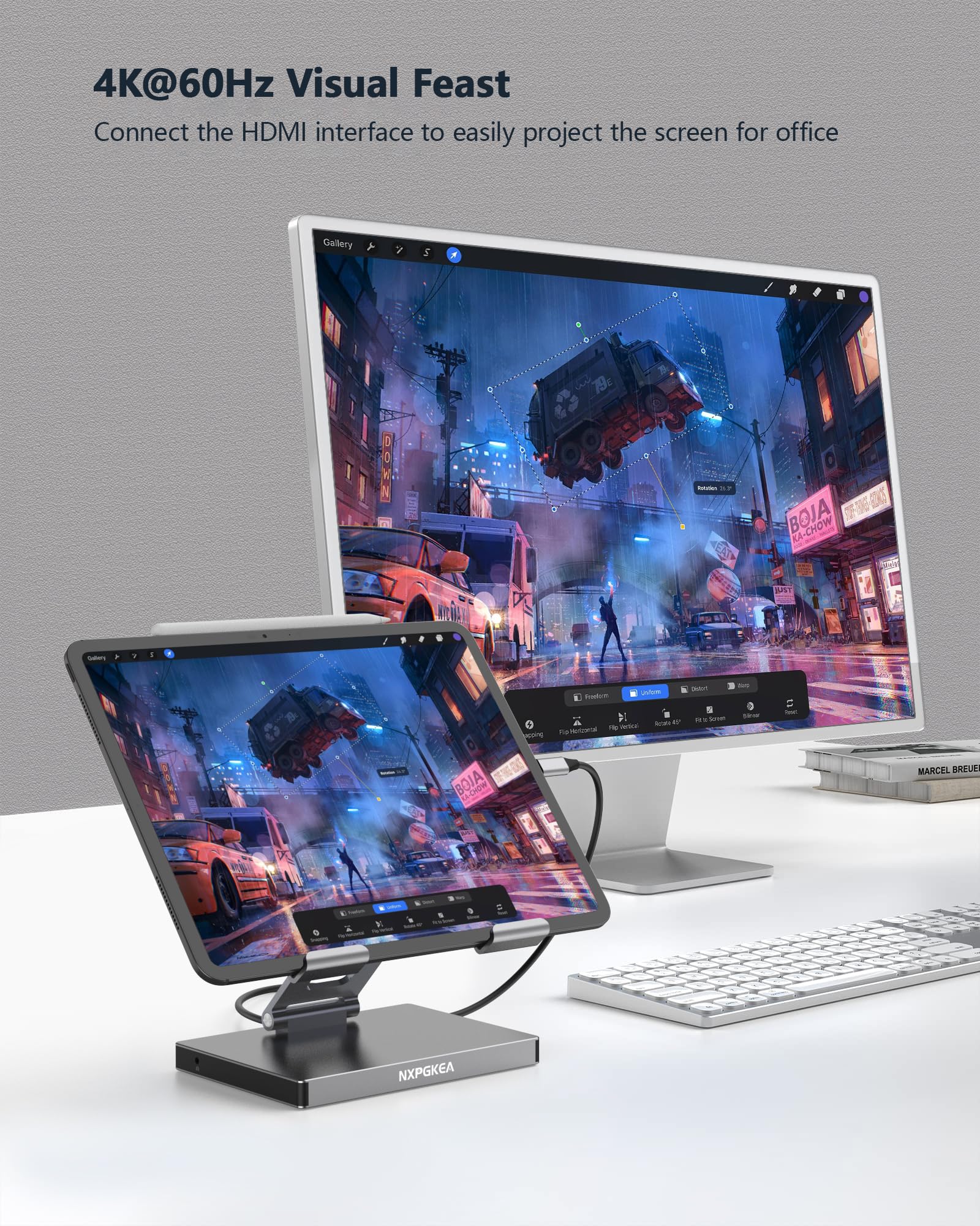 iPad Pro USB C Hub Stand, Adapter for iPad Pro M4 M2 M1 13 12.9 11 Inch iPad Air Docking Station Foldable 4K 60Hz HDMI, PD Charging, SD/TF Card Reader, 3 USB 3.0, 3.5mm Audio, iPad Dock Accessories