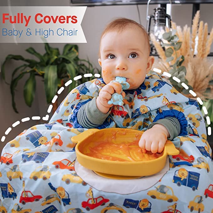 CUTE COMFORTZ Coverall Feeding Bibs Covers to Standard Highchair with Silicone Spoon & Fork, Waterproof allover Bib for Babies