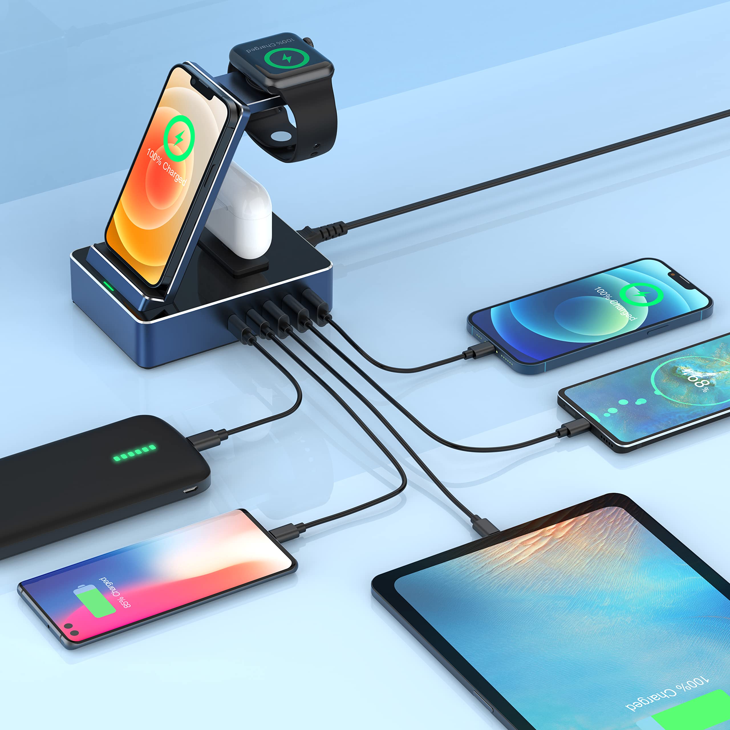 100W Aluminum Alloy Charging Station, 8 in 1Wireless Charging Station for Multiple Devices USB C Charging Station Compatible with iPhone Series, iWatch, (Blue)