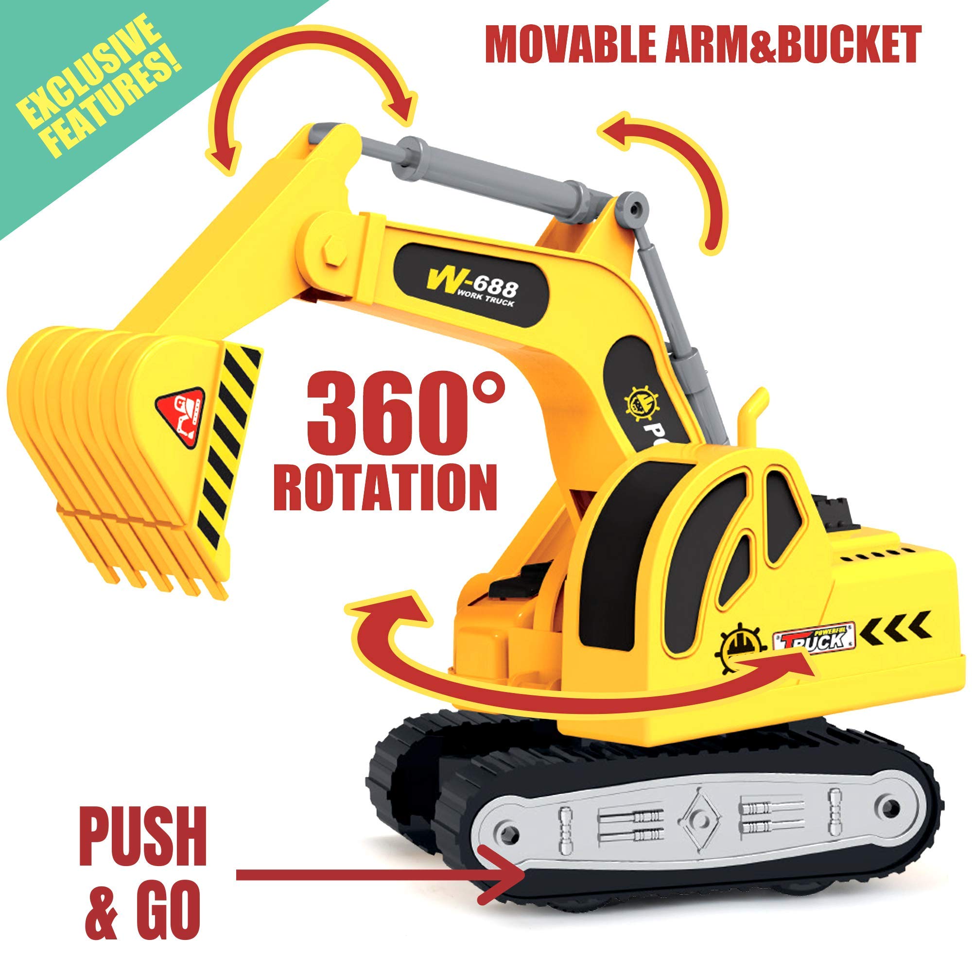 1:12 Scale Push and Go Excavator Flatbed Toy Truck for Kids - With Lights & Sounds