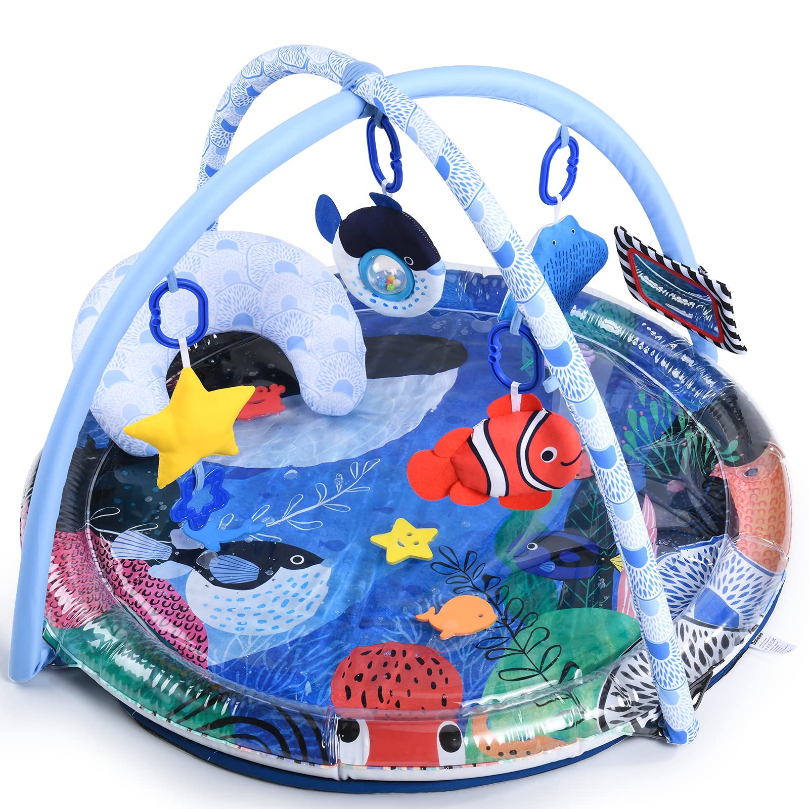 Babelio Baby Gym Mat & Tummy Time Water Mat 2 in 1, 3 Different Assembly Methods, 6 Activity Play Mat Toys, Sensory Development and Fun Experience for Infant, 33.5" x 33.5"