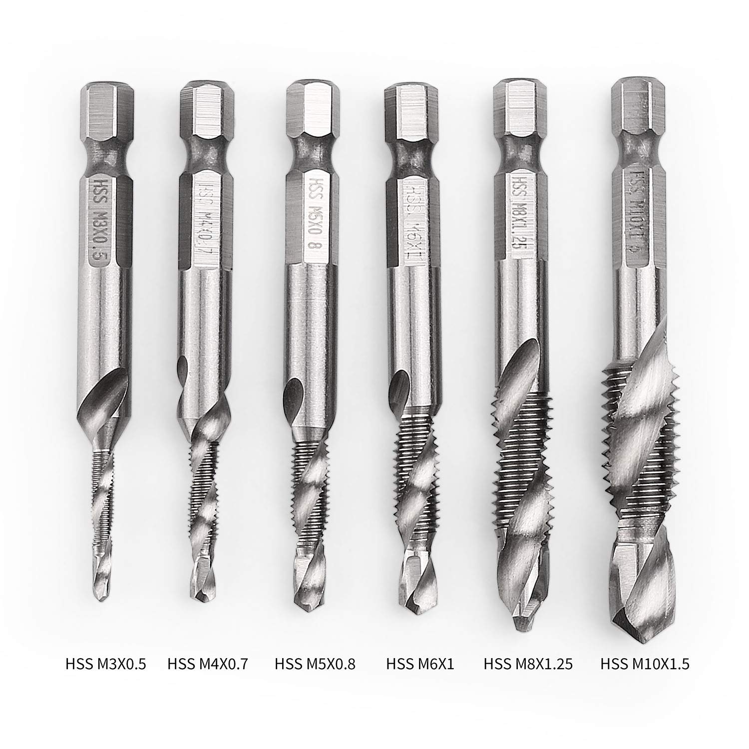 HUAZHICHUN 6Pcs Metric Drill Tap Set Hex Shank Combination Drill and Tap Bit Set HSS Screw Tap Deburr Drill Bits M3-M10