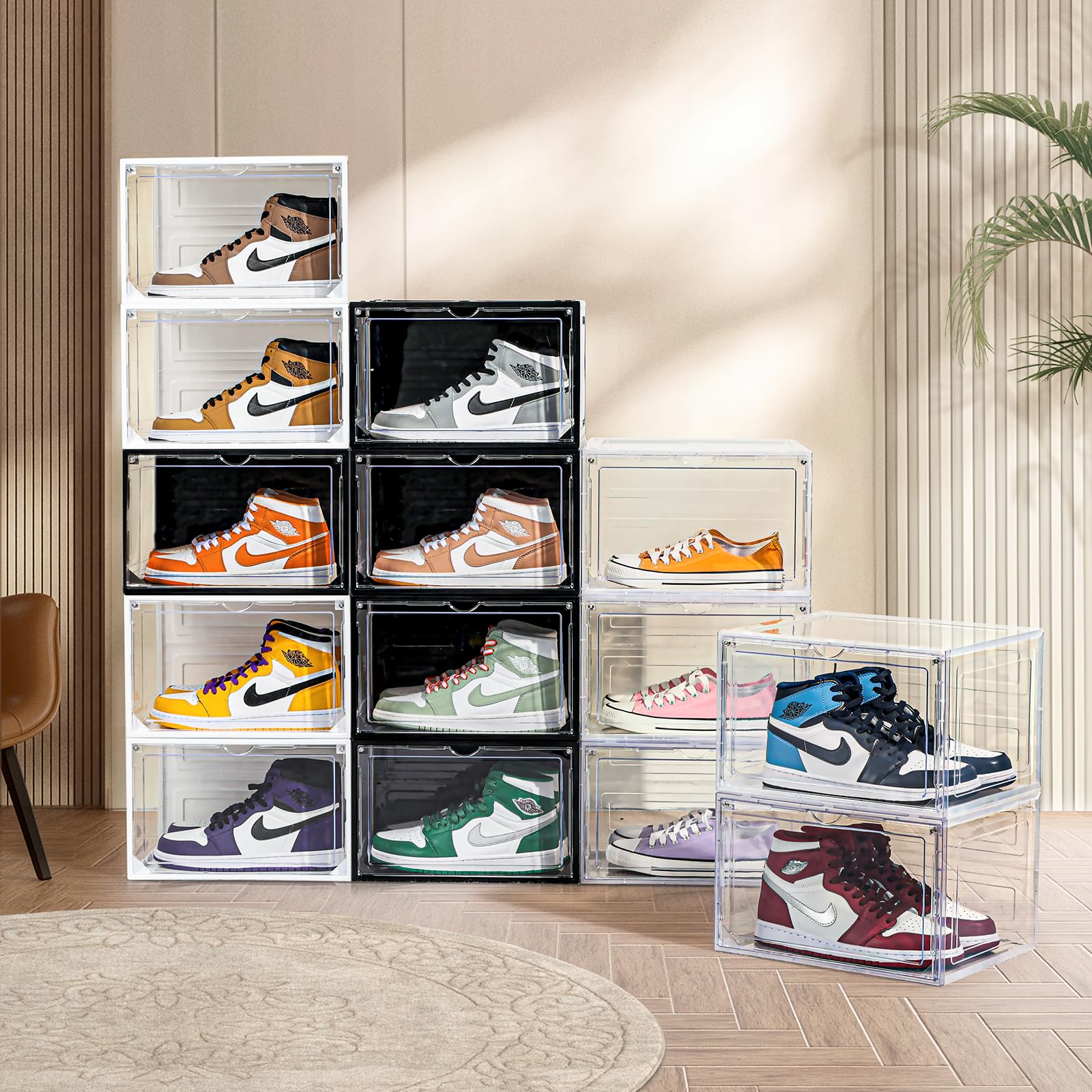 12 Pack Clear Shoe Boxes Stackable,Large Shoe Storage Organizer with Magnetic Door,Drop Side Shoe Containers for Entryway,Sneaker Storage Fit up to US Size 13 for Men/Women(13’’x 10.62”x 8.26”)