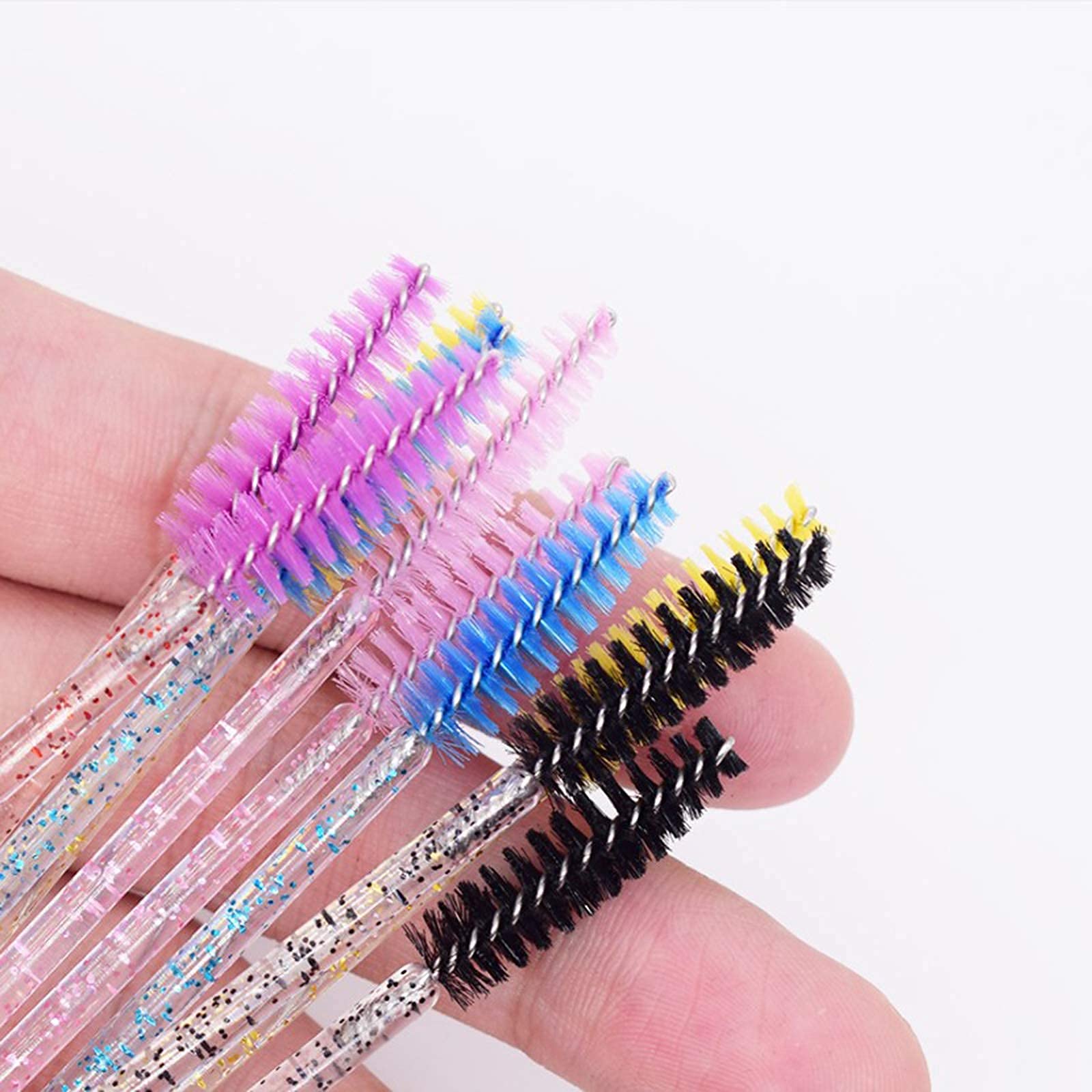i-Laesh 100 Pcs Disposable Eyelash Brushes, Mascara Wands, Spoolies for Eyelash Extensions, Spoolie Eyebrow Brow Makeup Supplies Kit Glitter Applicator Tool Accessories Bristle (Crystal Pink)