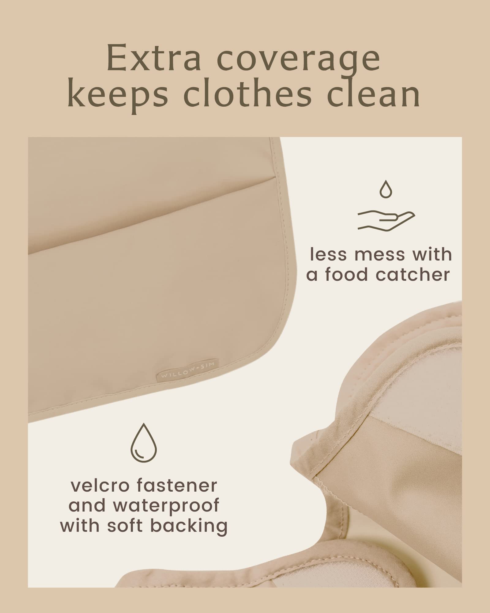 WILLOW + SIM Long Sleeve Baby Bibs - Wipe Clean, Washable with Food Catcher - Long Sleeve Bib for Babies, Toddler - Irish Cream