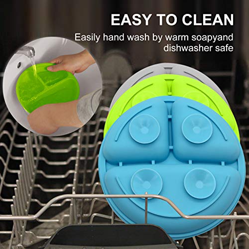 ANTUREBAY Suction Plates for Babies, 100% SiliconeToddler plates,Divided Baby Plates, Dishwasher & Microwave Friendly,Food Grade Silicone Kids Plates with Spoon Fork. (Blue,Green,Gray)
