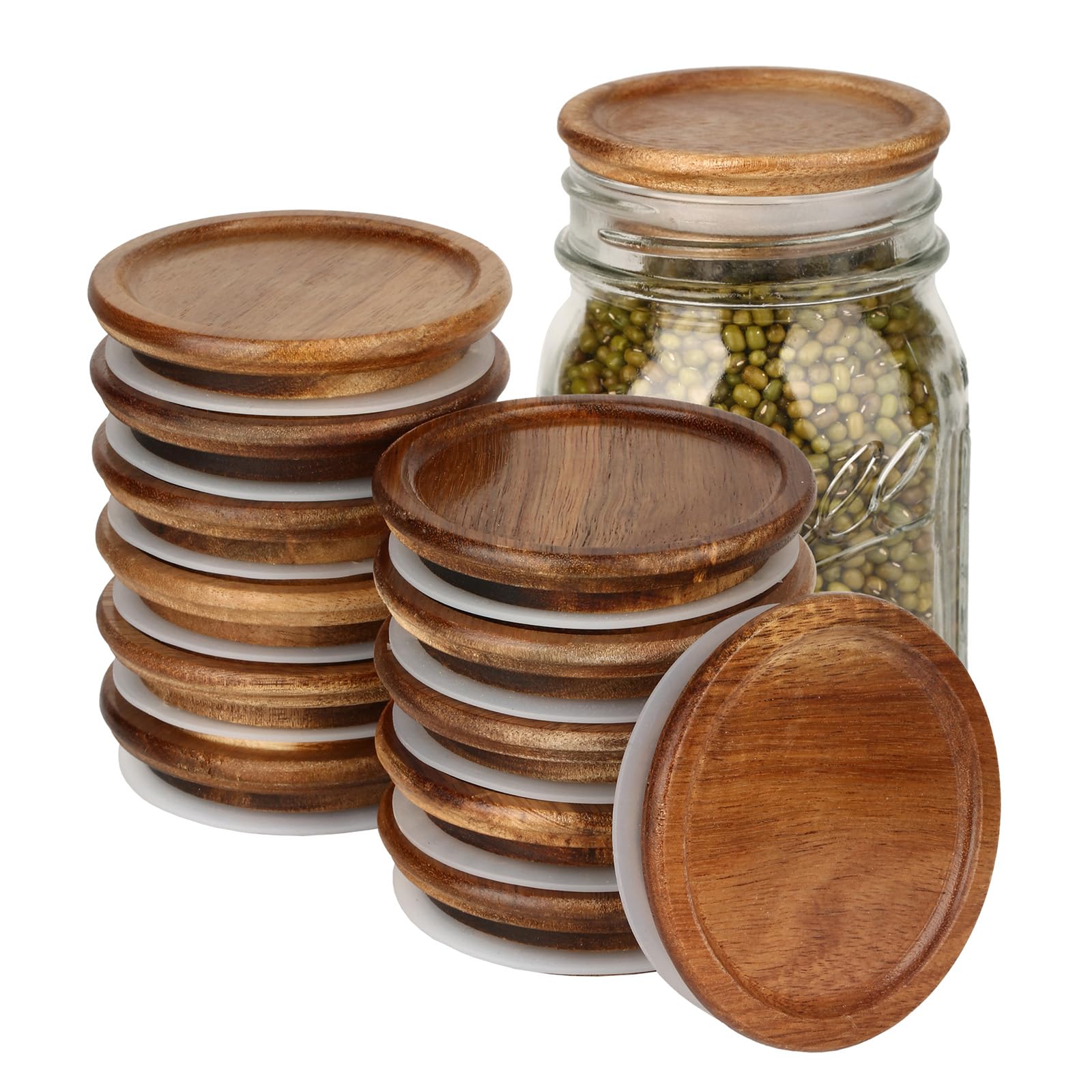 12 Pack Wide Mouth Mason Jar Lids, Reusable Canning Lids with Wooden and Silicone Seals - Perfect for Canning and Preserving in Mason Jars, Brown (12PCS Wide Lids)