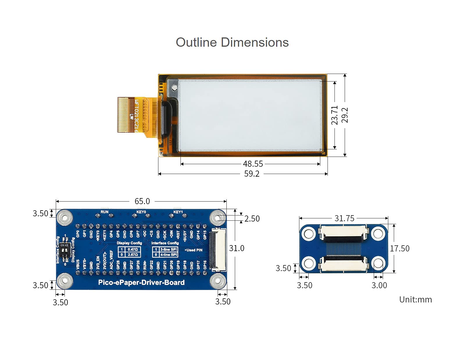 Waveshare 2.13inch Flexible E-Paper E-Ink Display Module for Raspberry Pi Pico 212×104 Pixels Black/White SPI Interface