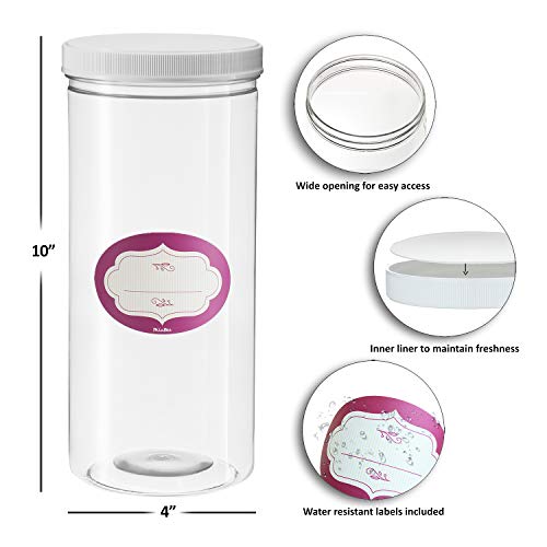 80 Ounce Tall Clear Empty Plastic Jars with Screw-on Lids & Labels - Pack of 3 Large 2.5 quart 10 cup capacity Plastic Cylinder Containers - Food Grade BPA Free Airtight Leak Proof Canisters