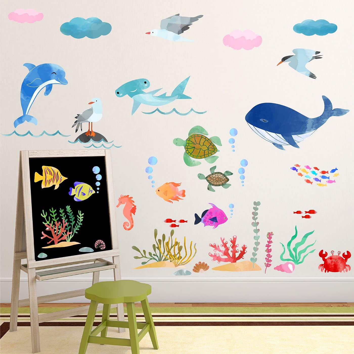 Ocean Animals and Seabirds Nursery Peel & Stick Wall Decals for Boys and Girls