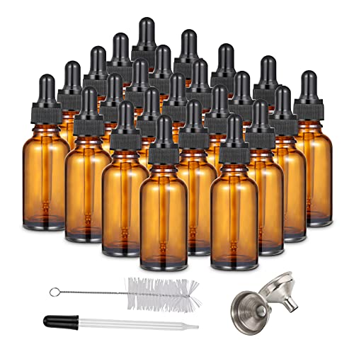 Cibeat 24 Pack 1oz Amber Glass Eye Dropper Bottle with 2pcs Stainless Steel Funnels and Long Glass Dropper and Cleaning Brush - 30ml Leakproof Travel Bottles for Liquids Like Essential Oils