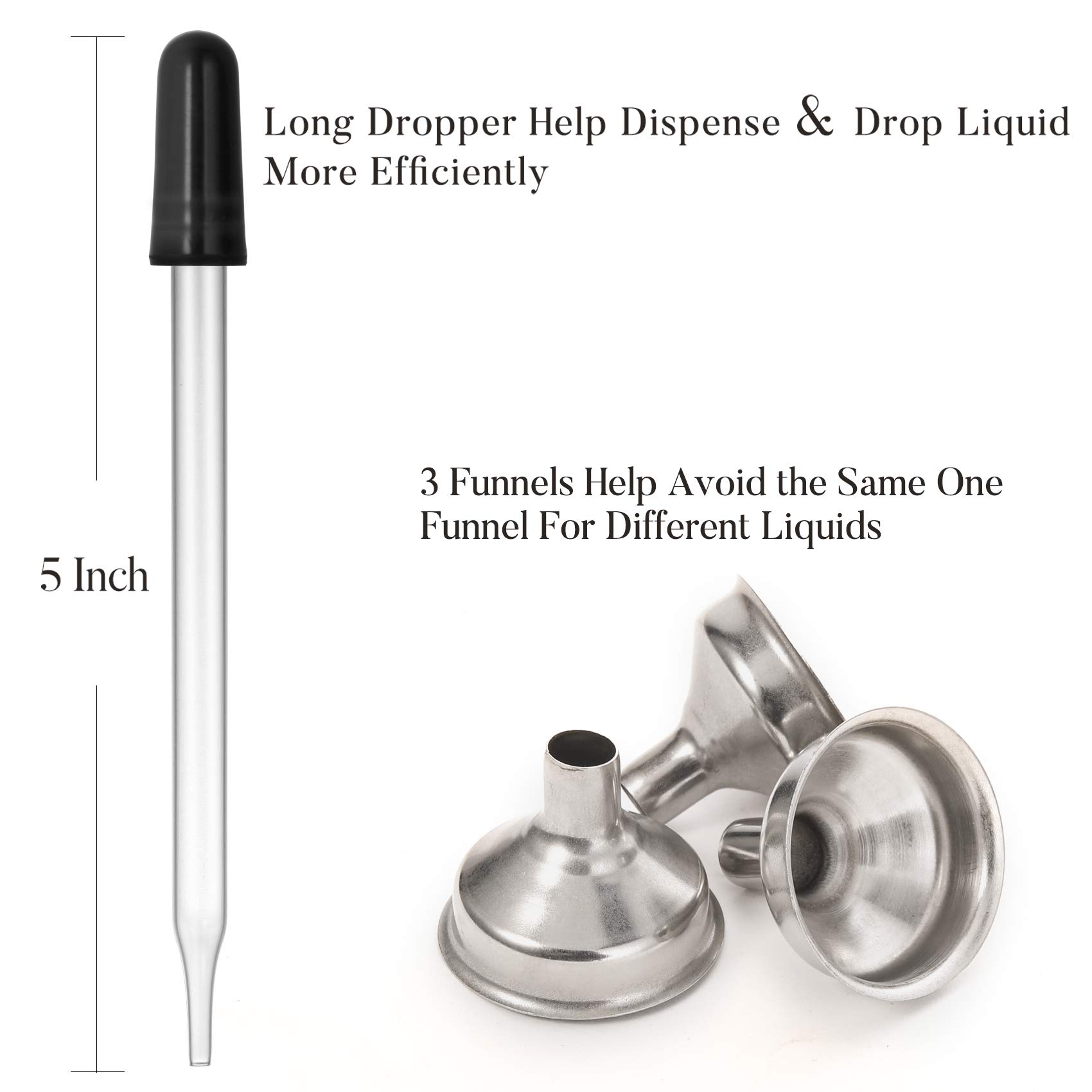12 Pack, 2 oz Glass Eye Dropper Bottles w/ 3 Stainless Steel Funnels & 1 Long Pipette Dropper & 24 Labels - 60ml Clear Tincture Bottles for Essential Oils, Liquids - Leakproof Travel Essential Bottles