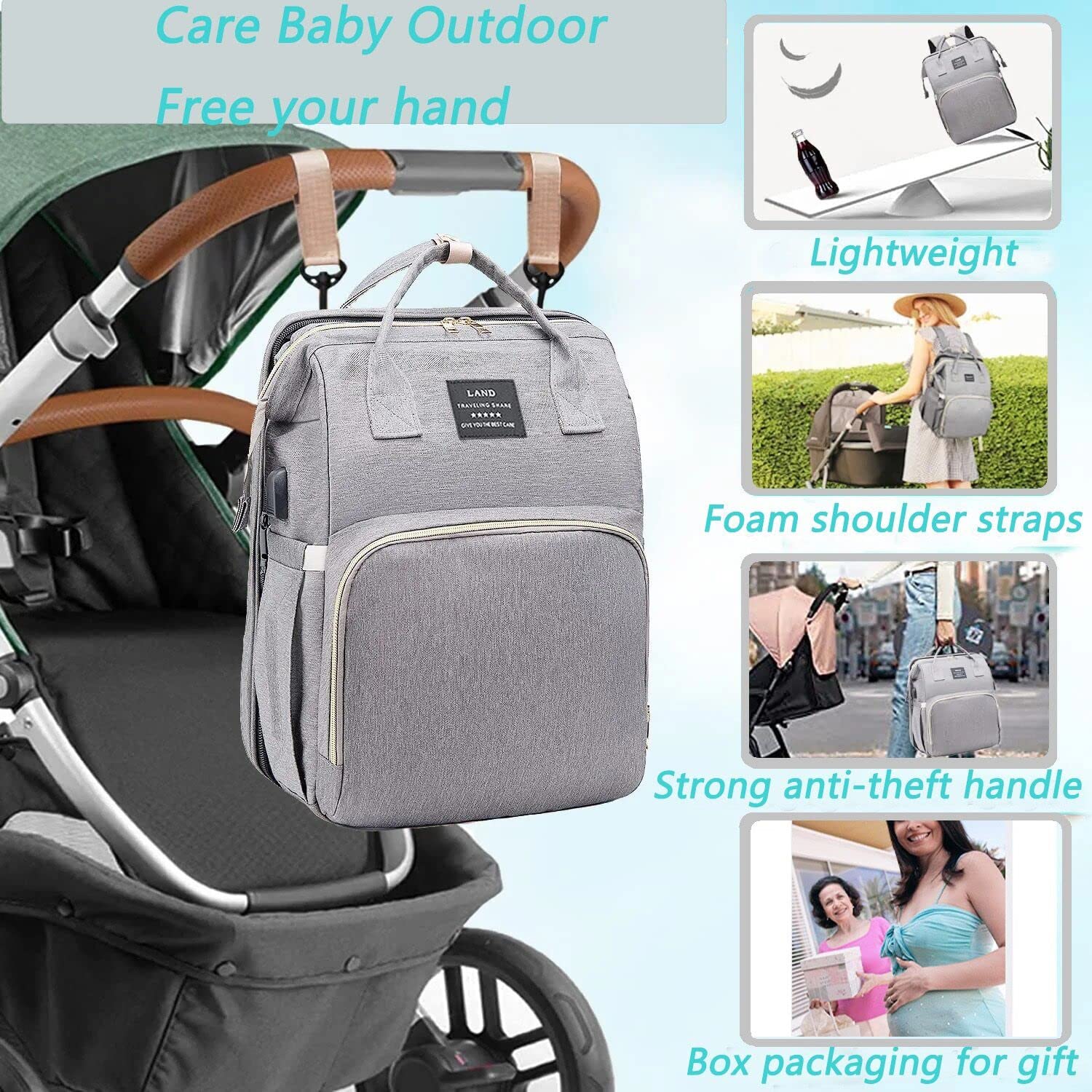 ANWTOTU Diaper Bag with Changing Station,Baby Diaper Bag Backpack,7 in 1 Travel Diaper Bag,Baby Bag Mommy Bag With USB Charging Port (Grey)