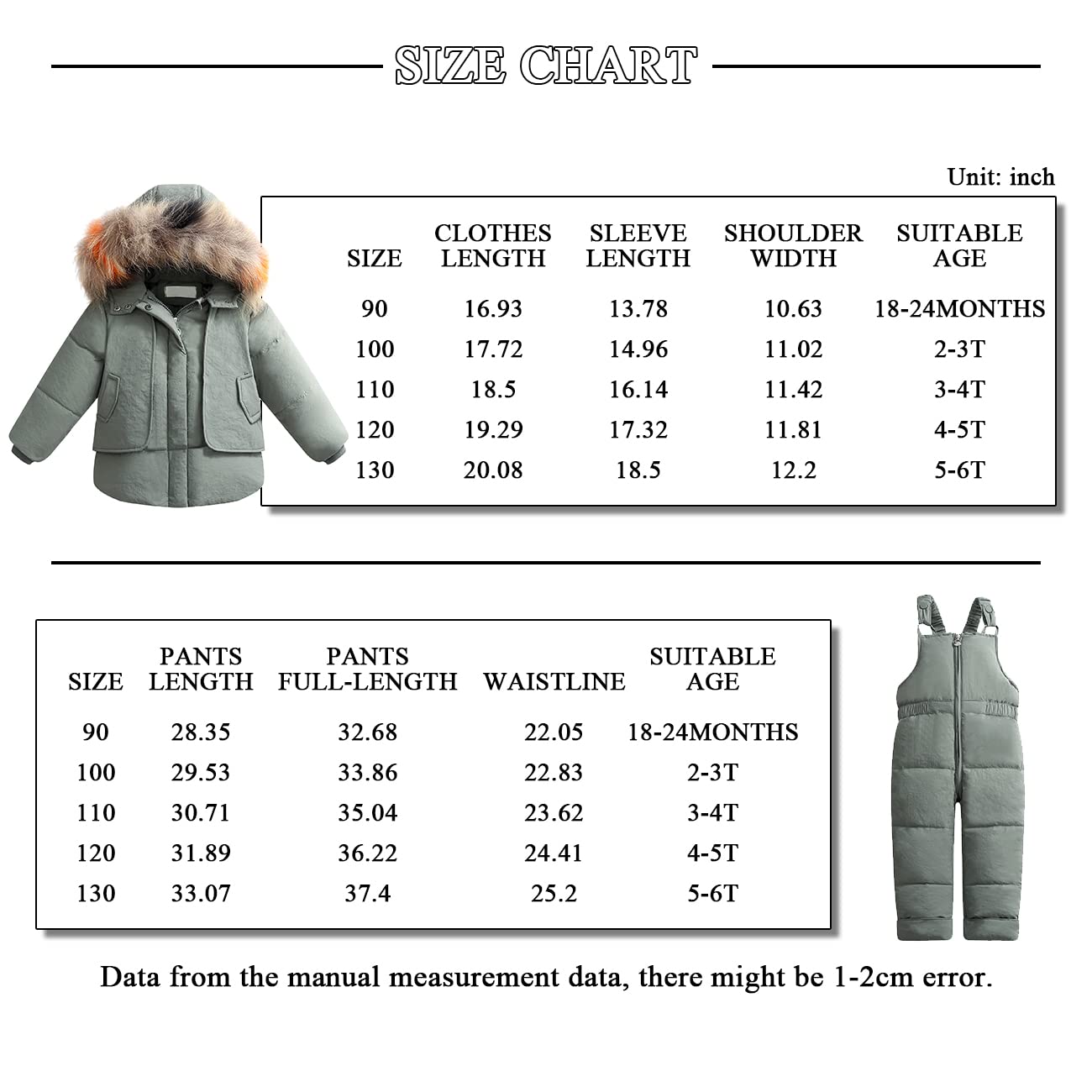 Srkrando Baby Toddler Snowsuit Boys Girls Winter Kids Snow Bib Pant Jacket Suit Coat
