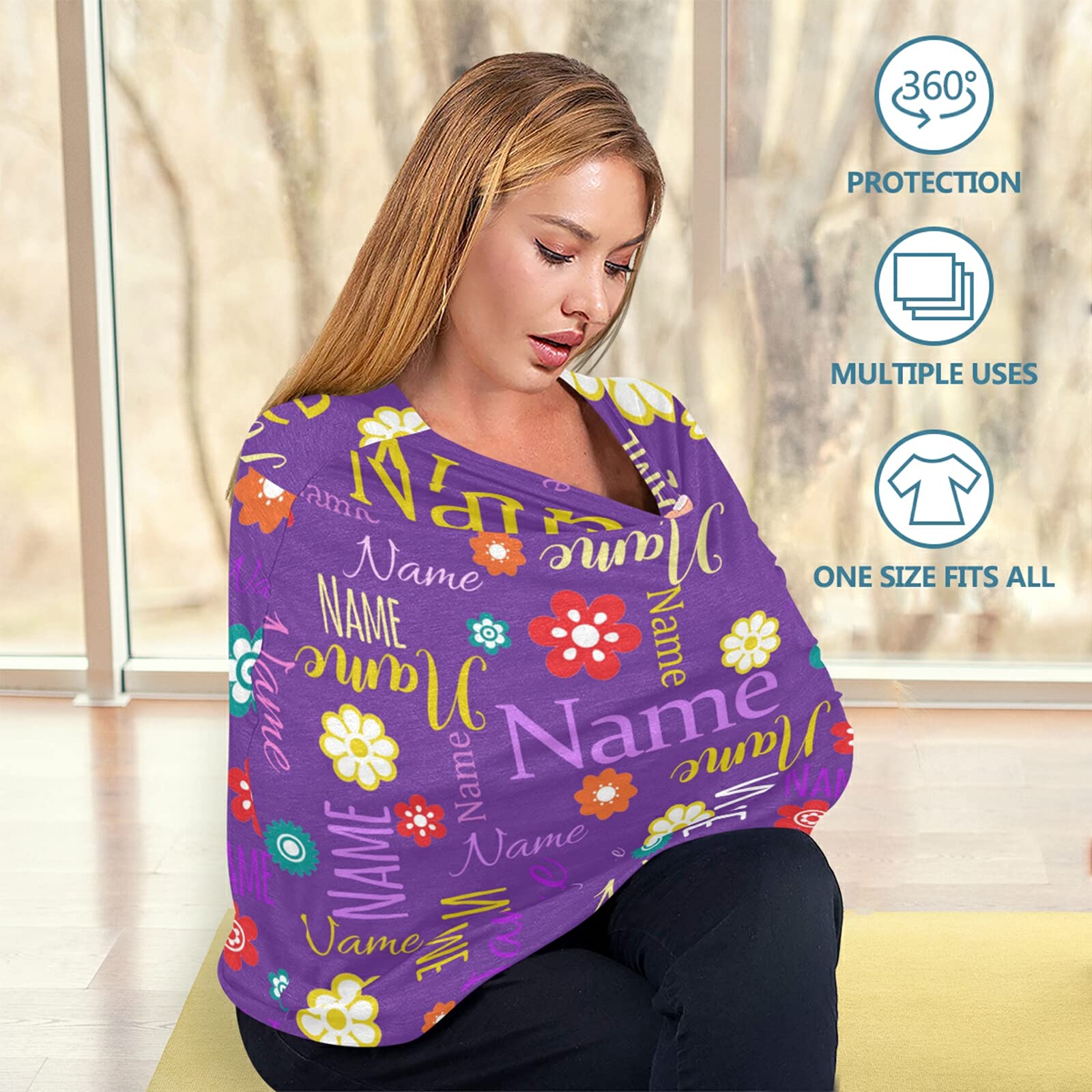 Colorful Flowers Purple Personalized Baby Car Seat Covers with Name, Custom Nursing Cover Breastfeeding Scarf Soft Breathable Stretchy Coverage, Infant Stroller Cover for Boys Girls