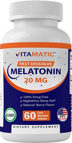 2 Pack High Potency Melatonin 20mg Tablets | Vegetarian, Non-GMO, Gluten Free | 60 Fast Dissolve Tablets | Natural Berry Flavor |