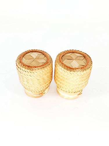2 Sets of Mini Basket Size 8x8x11 cm. Handwoven Handmade Sticky Rice Serving Basket from Natural Bamboo
